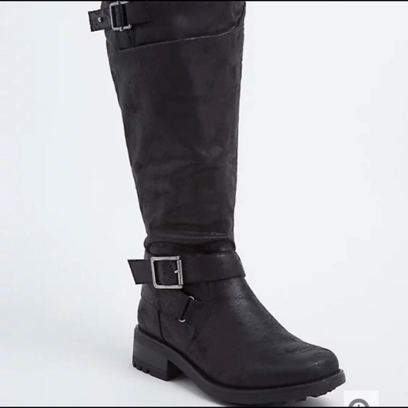 torrid | Shoes | Torrid Black Faux Leather Buckle Knee High Boots Wide ...